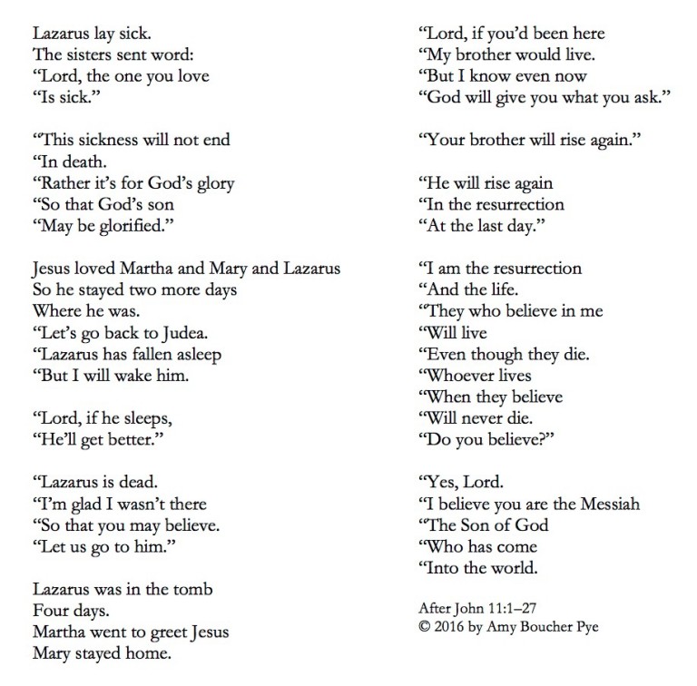 Lenten Poems – “Lazarus Lay Sick” (25) – Amy Boucher Pye